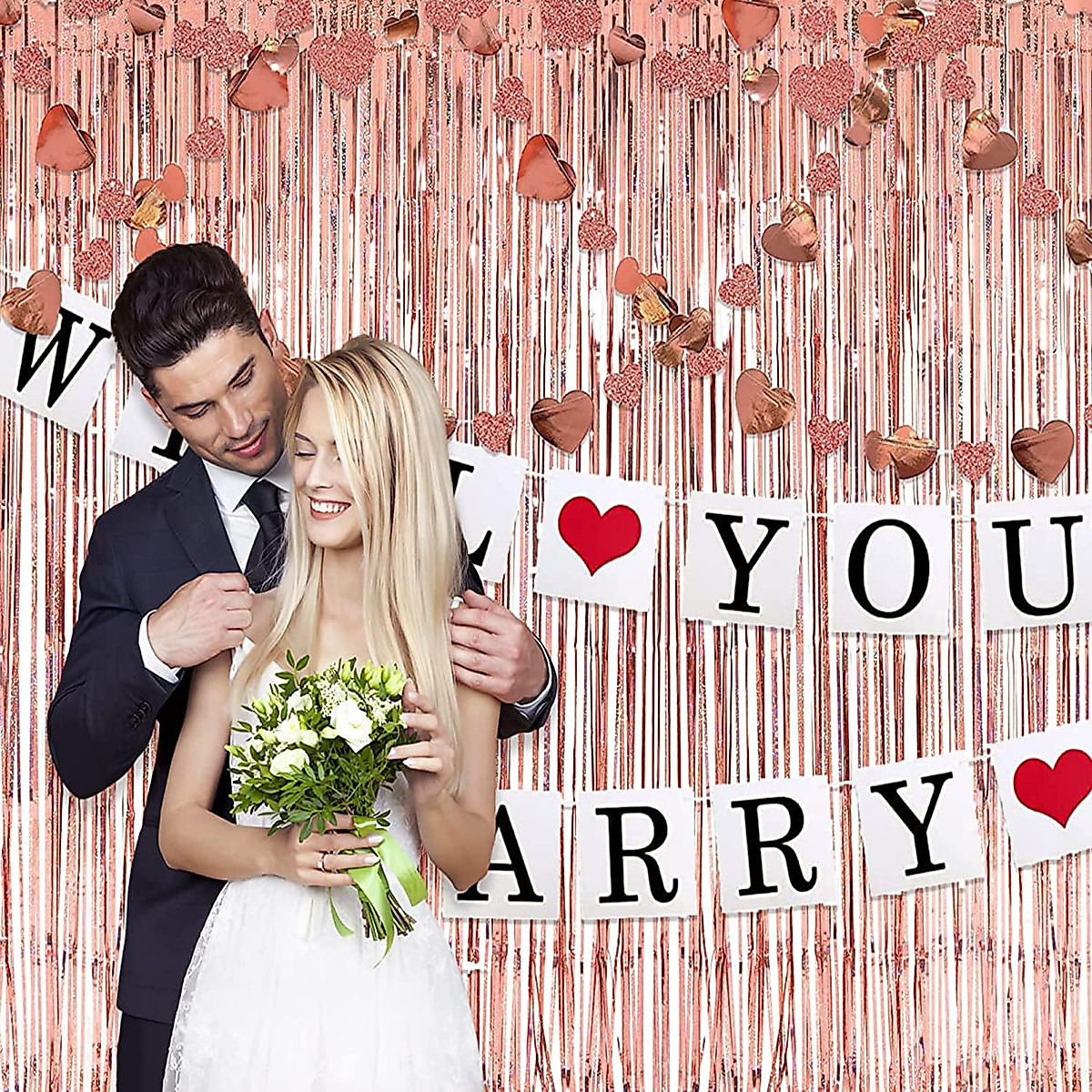 BRAVESHINE Rose-Gold Metallic Tinsel Backdrop - 2Pcs 3.2x8.2ft Metallic Tinsel Foil Fringe Curtains Photo Booth Streamers for Bridal Shower Bachelorette Engagement Mother's Day Party Decorations