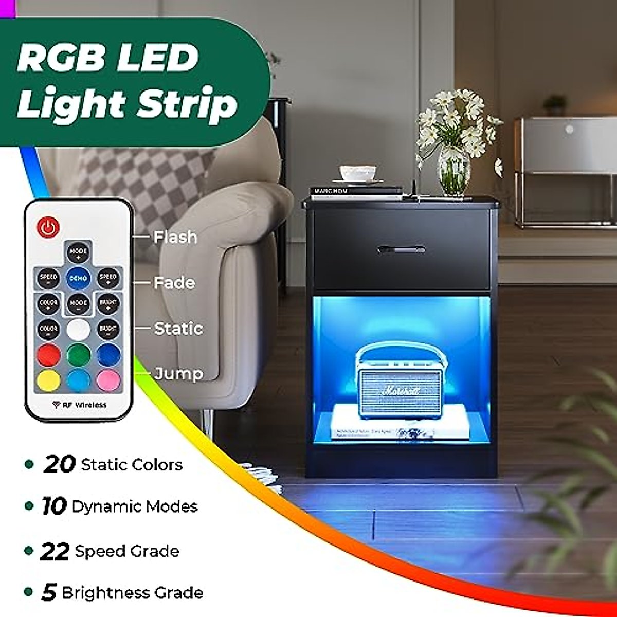 SUPERJARE L Shaped Gaming Desk with LED Lights & Power Outlets Reversible Computer Desk and Nightstands Set of 2 with Charging Station & LED Light Strips, Black