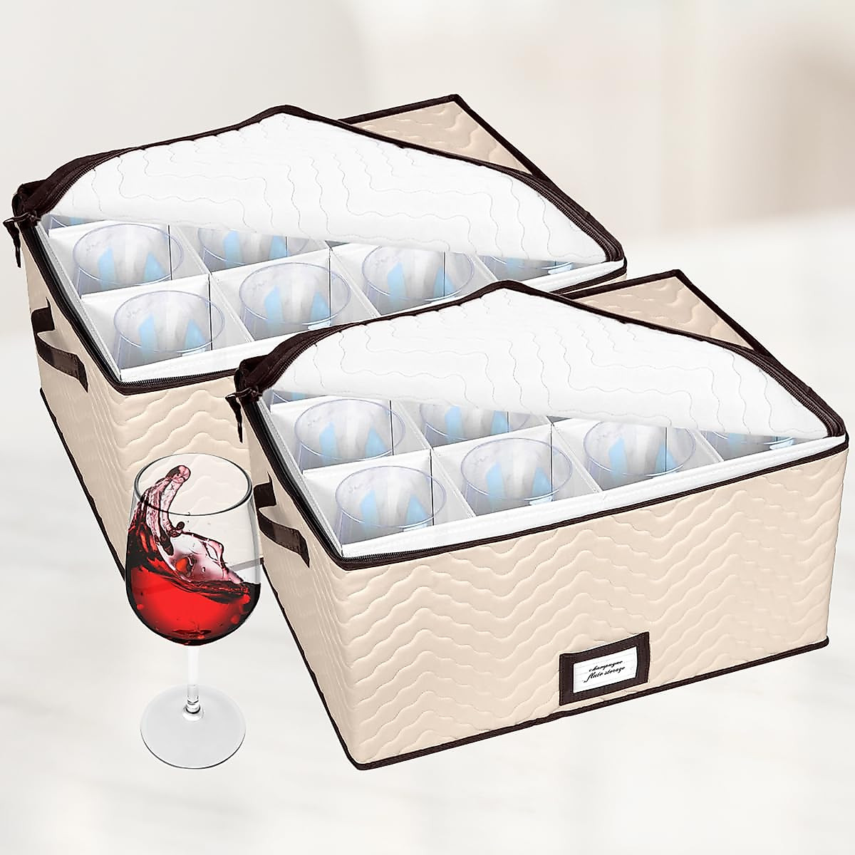 Hold N Storage Set of 2 Wine Glass Storage with dividers - Each Holds 12 standard size wine glasses up to 10" H - Stemware Storage Case, Durable Quilted Glasses Storage Organizer With Carry Handles