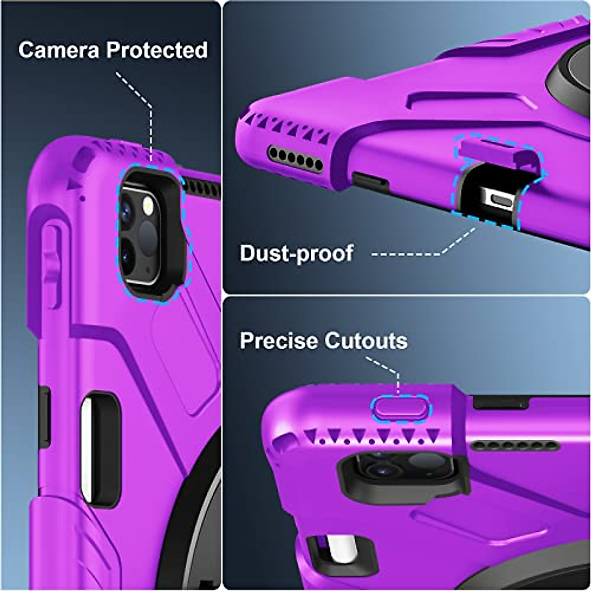 GROLEOA for iPad Pro 12.9 Inch Case 2022/2021 (6th 5th Generation): Military Grade Full-Body Protective Cover Case for iPad Pro 12.9 6th/5th Gen - Rotating Stand - Hand/Shoulder Strap, Purple