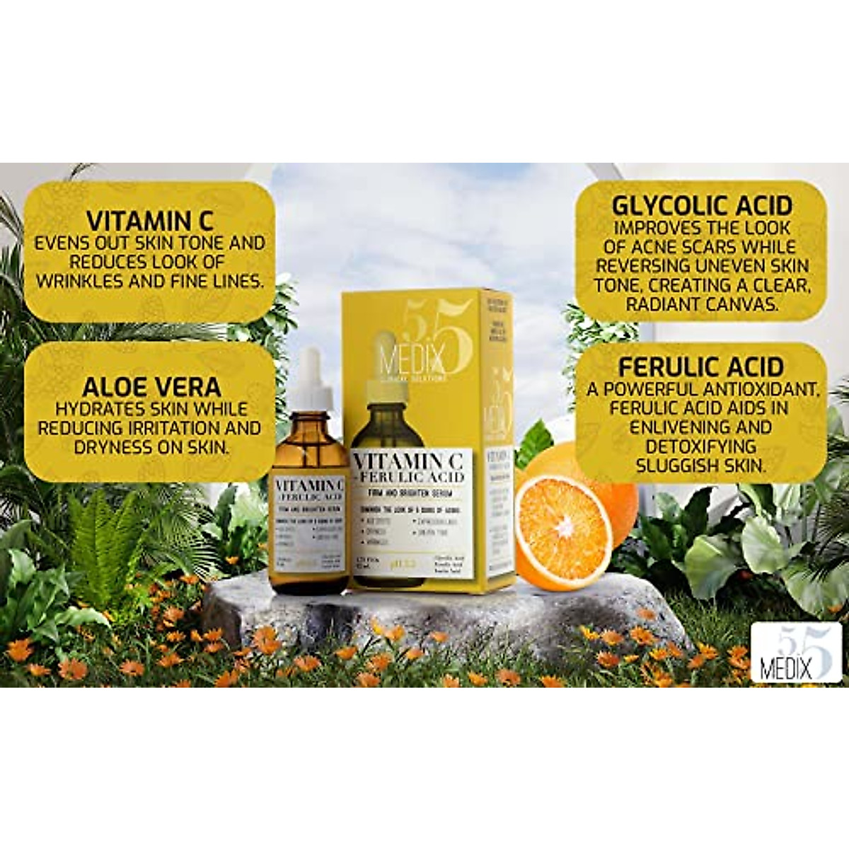 Medix Vitamin C Facial Serum Skin Care Booster For Age Spots, Wrinkles, & Fine Lines. Anti Aging Face Serum W/Glycolic Acid & Hyaluronic Acid Brightens Skin For Healthier Skin Complexion, 1.75 Fl Oz