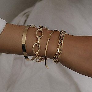 Kercisbeauty 4pcs Women Fashion Cuff Link Bracelet Set Punk Miami Cuban Link Chain Bracelet Party Jewelry (Gold)