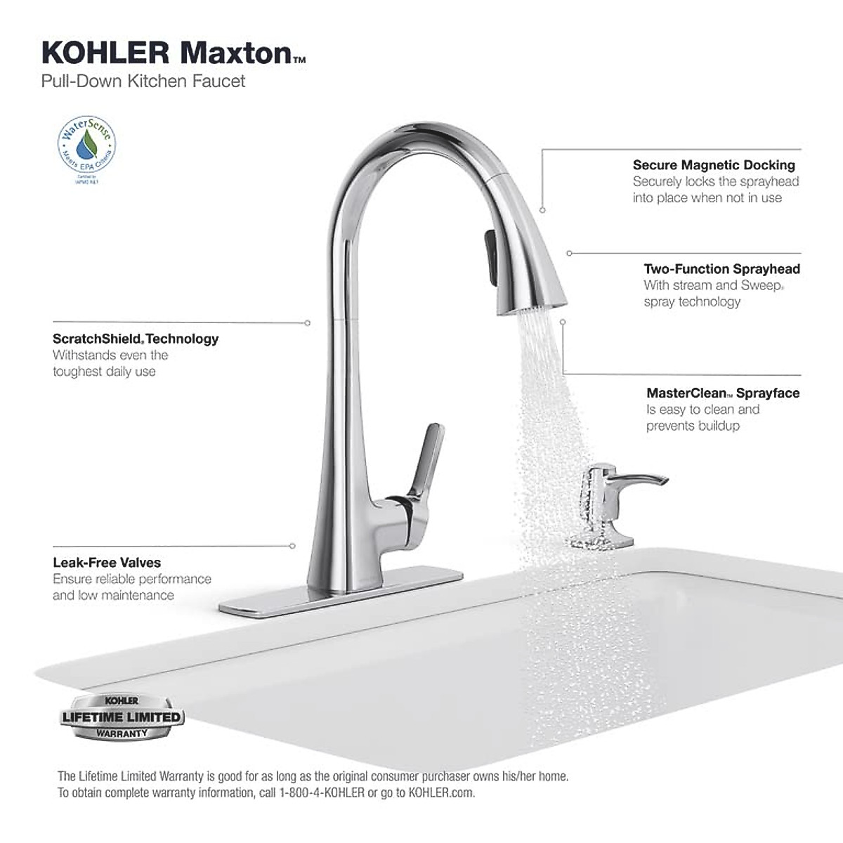 KOHLER R26281-SD-VS Maxton Touchless Pull-Down Kitchen Faucet with Soap Dispenser, Kitchen Sink Faucet with Pull Down Sprayer, Touchless Activation Faucet, Vibrant Stainless