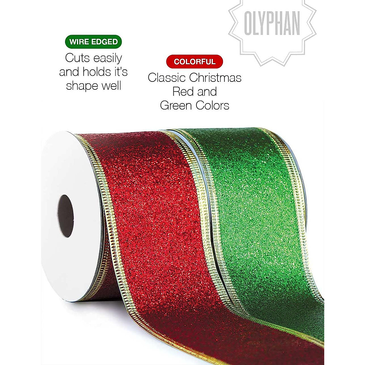 Christmas Ribbon Glitter Wired Christmas Ribbons Red Green Wire Edged 2 inch Wide x 6 Yds for Gift Wrapping Bows Christmas Tree Ribbon Garland Wrap Around Ribbon for Xmas Trees Gifts Crafts Presents
