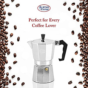Alpine Cuisine Stovetop Espresso Maker 12.5 Oz, 9 Espresso Cups Moka Pot for Classic Italian and Cuban Coffee Maker, Aluminum Moka Pot, Makes Delicious Coffee, Excellent Camping Coffee Pot