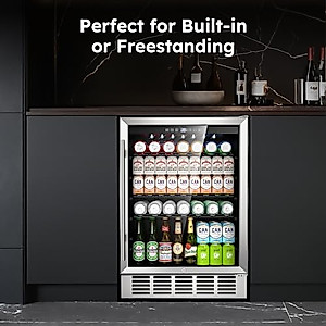 24 Inch Beverage Refrigerator, 190 Cans Built-in/Freestanding Beverage Cooler, Digital Memory Under Counter Beer Fridge with Glass Door, Safety Locks, Removeable Racks (Glass Door)