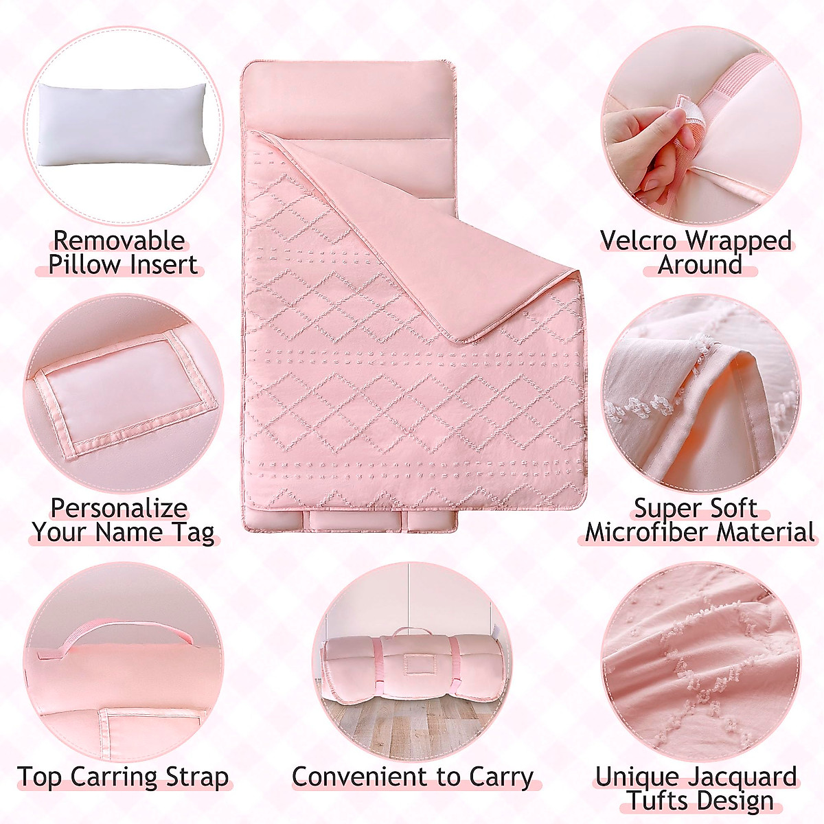 Tufted Toddler Nap Mats for Preschool Daycare Girls Pink Jacquard Tufts Kids Sleeping Mats Toddler Slumber Bag Nap Pad with Removable Pillow for Girls Boys Kindergarten Sleepovers Travel and Camping