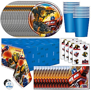Transformers Birthday Party Supplies | Serves 16 | Transformers Party Supplies | Transformer Tablecover, Plates, Napkins, Cups, Tattoo Party Favors, Button