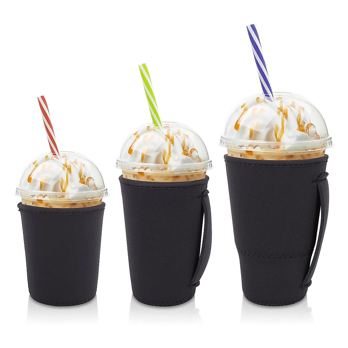 AJLTPA Iced Coffee Sleeve Insulator Sleeves for Cold Drinks Beverages, 3 Pack Reusable Neoprene Cup Sleeve with Handle for 16-32oz Coffee cups（Black）
