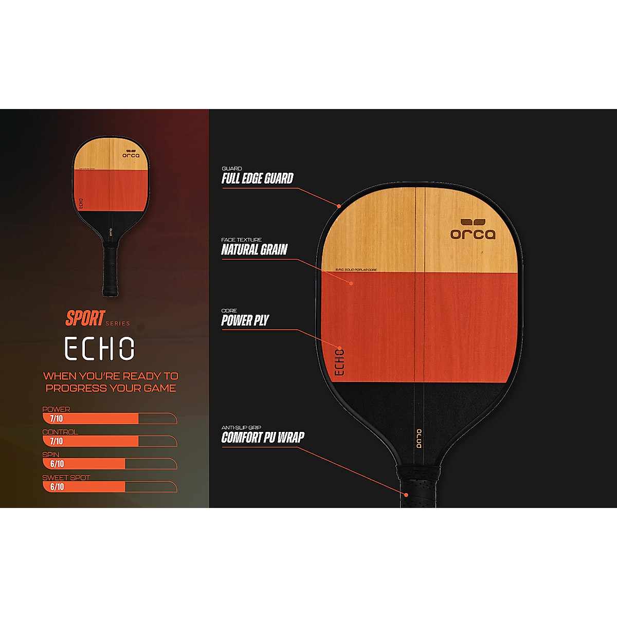Orca Paddle Co. Echo Pickleball Paddles, Set of 2, with 4 Pickleballs, Mesh Bag - Racket for Beginners, Intermediate, Advanced Players - Pickle-Ball Accessories and Equipment