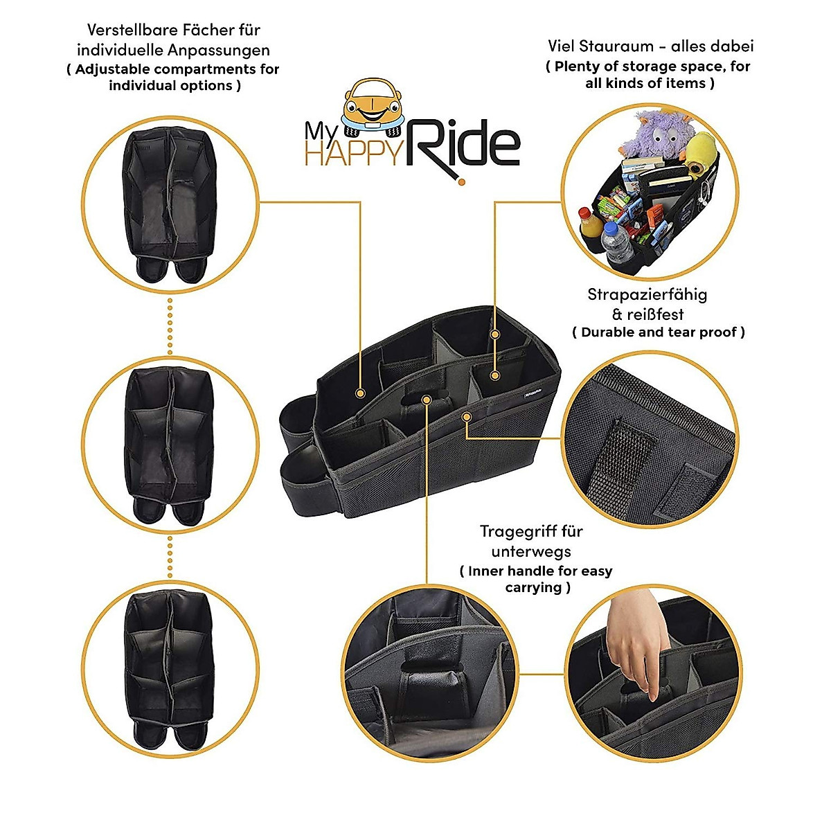 Car Seat Organizer - Back Seat & Front Seat Storage Bag with Seat Belt Attachment, Cup holders and Foldable Pockets - Water Resistant Backseat Organizer for Toys, Snacks and other utensils