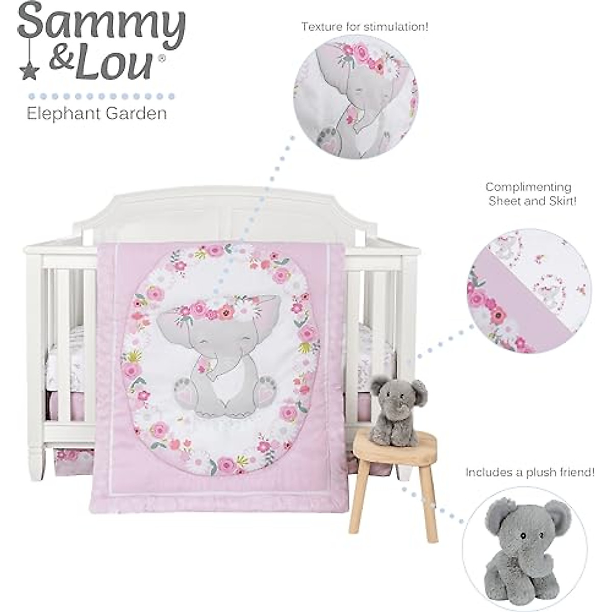 Sammy & Lou Elephant Garden 4-Piece Baby Nursery Crib Bedding Set for Girls, Includes Quilt, Fitted Crib Sheet, Crib Skirt, and Plush Toy