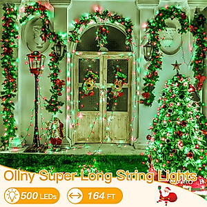 Ollny Christmas Lights, 500LED 164FT Long Christmas Tree Lights with 8 Modes Remote Timer IP44 Waterproof, Outdoor Christmas Lights for Tree House Yard Outside Xmas Decorations (Red+Green)