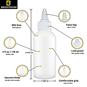 BRIGHTFROM Twist Top Applicator Bottles, Squeeze 4 OZ Empty Plastic Bottles, Refillable, Open/Close Nozzle - Multi Purpose (Pack of 2)