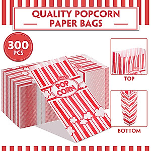 300 Pcs Popcorn Bags Paper Grease Resistant Popcorn Bags Disposable Red and White Striped Popcorn Container for Family Movie Night Movie Party Carnival Theater Popcorn Machine (1 oz)