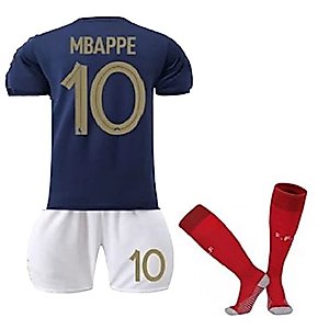 France Mbappe Home Blue Soccer Kids Jersey + Shorts + Socks Set Kit for Youth Size XLarge (12 Years Old)