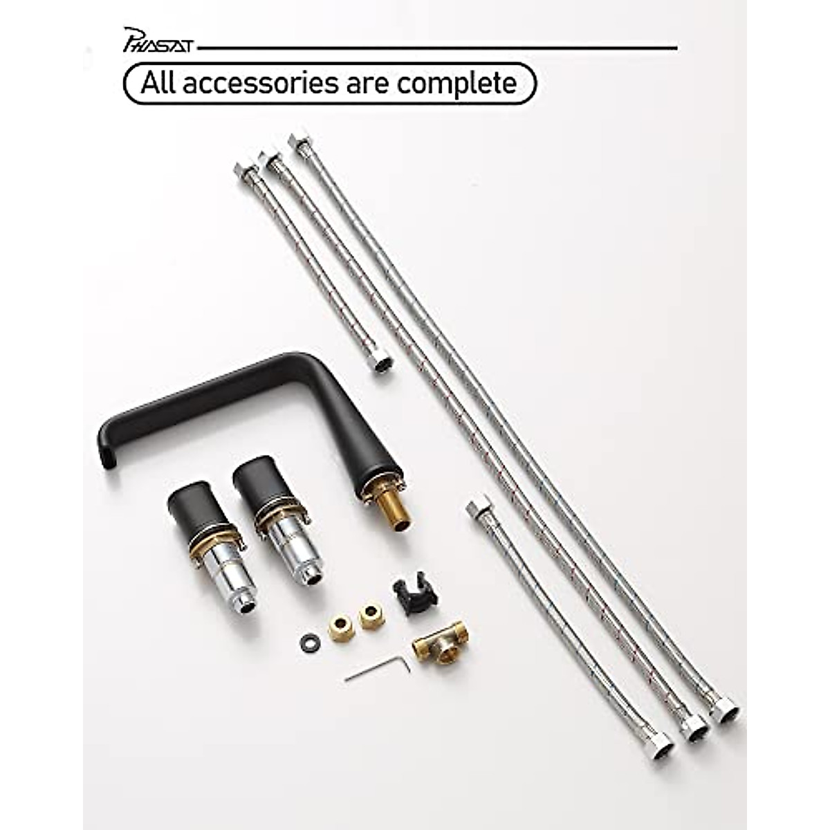 PHASAT Black Waterfall Bathtub Faucet,Bathroom Roman Tub Faucet,3 Holes 2 Handles Deck Mount Bath Tub Filler with High Flow Widespread Spout,Matte Black,PU5H01