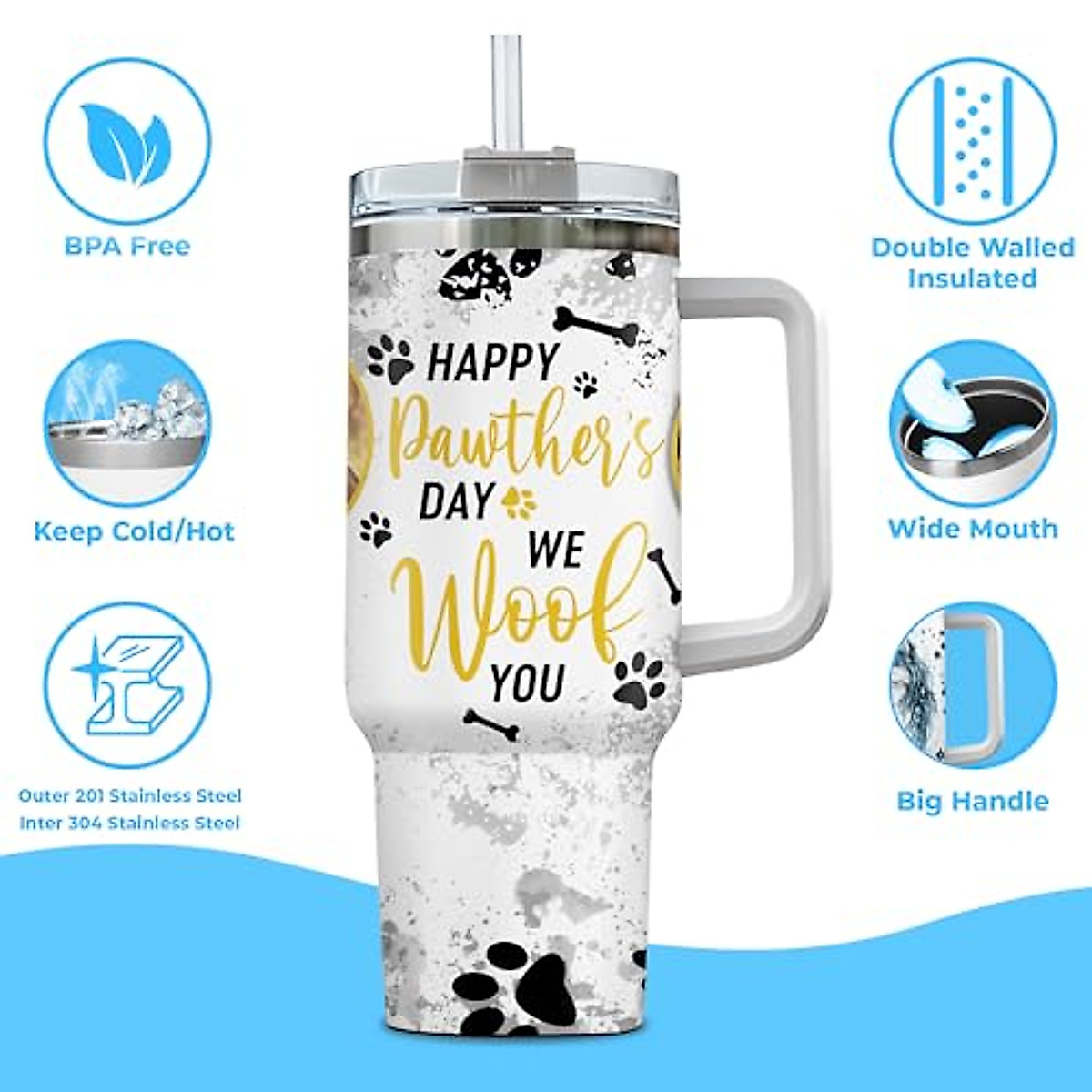 Hyturtle Personalized Picture Dog Dad 40oz Tumbler with Handle and Straw Gifts for Dog Lovers, Funny Father's Day Cup Gifts For Men, Best Gift Idea for Dogs Dad Stainless Steel Travel Cup With Lid