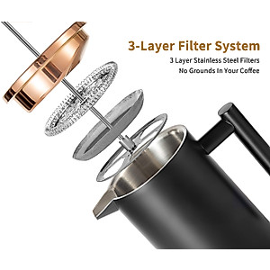 Meelio Black French Press Coffee Maker 12oz, Stainless Steel Double Wall Insulated Coffee Press with Rose Gold Metal Lid, Included 2 Extra Screens and 1 Coffee Spoon, 350ml