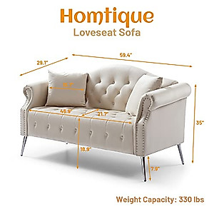 Homtique Velvet Loveseat Sofa for Living Room, Mid Century Modern Sofa Upholstered Button Tufted Rolled Arms and Metal Legs, 59.4" Small Sofa Couches for Small Spaces with 2 Pillows for Bedroom(Beige)
