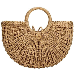 Round Straw Bag Rattan Crossbody Bag Handwoven Natural Summer Beach Shoulder Bag for Women (Khaki)