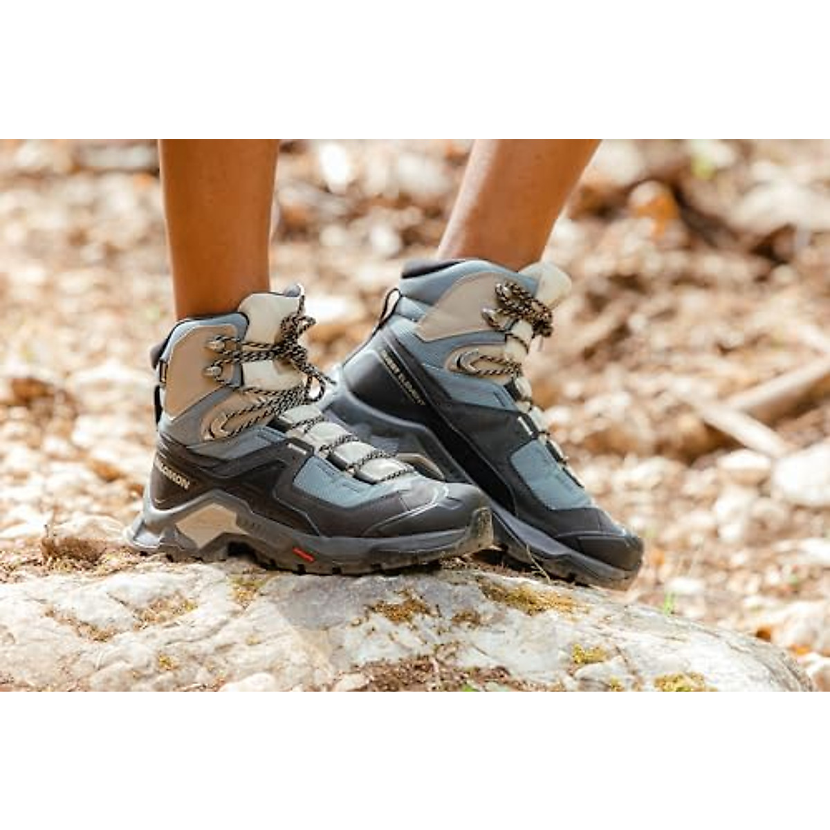 Salomon Women's QUEST ELEMENT GORE-TEX Leather Hiking Boots for Women, Ebony / Rainy Day / Stormy Weather, 8