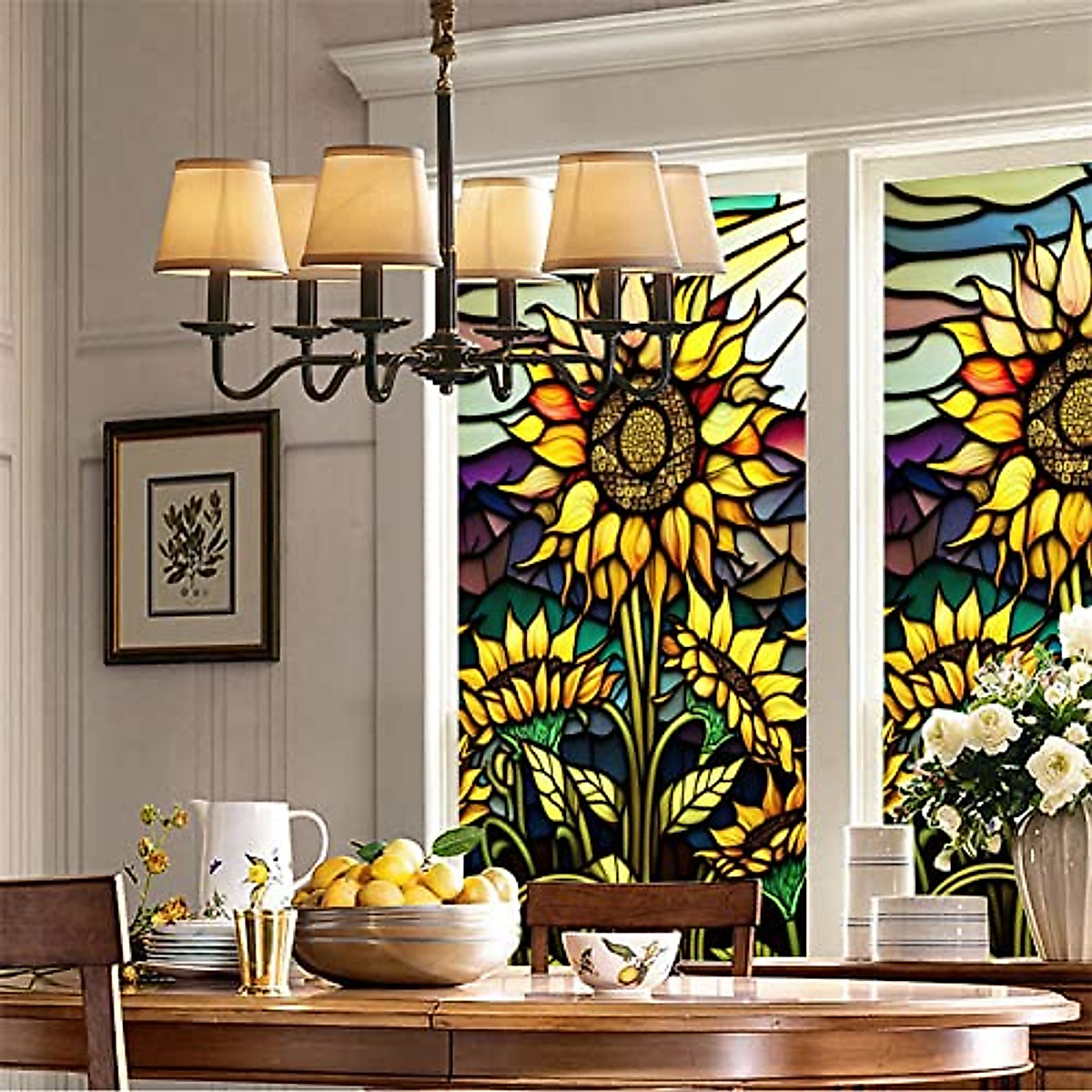 CREATIVE HOBBIES Window Privacy Film Sunflower Window Clings Stained Glass Window Film 78.7" x 17.3" Frosted Glass Window Decor Bathroom Window Coverings Static Cling Non-Adhesive