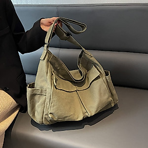 Blostirno Canvas Messenger Bag Large Hobo Crossbody Bag with Multiple Pockets Vintage Shoulder Tote Bags Handbag for Women and Men (Army Green)