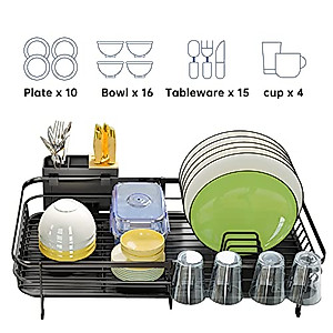 PXRACK Dish Drying Rack, Expandable(12.8"-21.5") Dish Rack with Utensil Holder Cup Holder, Stainless Steel Dish Rack and Drainboard Set for Kitchen Counter, Black