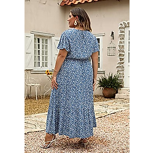 Nemidor Womens Plus Size Boho Ditsy Floral Print Casual Layered Flared Maxi Dress with Pocket NEM304(22,Blue White)