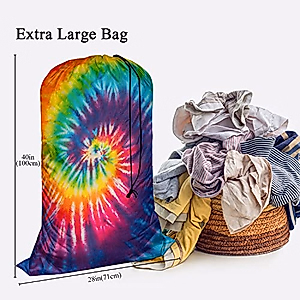 Swono Tie Dye Laundry Bag Drawstring Closure Colorful Psychedelic Rainbow Abstract Pattern Heavy Duty Laundry Portable for Home Dorm Room Essentials for Travel Camp, Oxford Cloth, Spiral