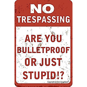 Angeloken New Metal Tin Sign Retro Vintage-No Trespassing-are You Bulletproof Or Just Stupid!?-Aluminum Sign for Home Coffee Wall Decor 8x12 Inch