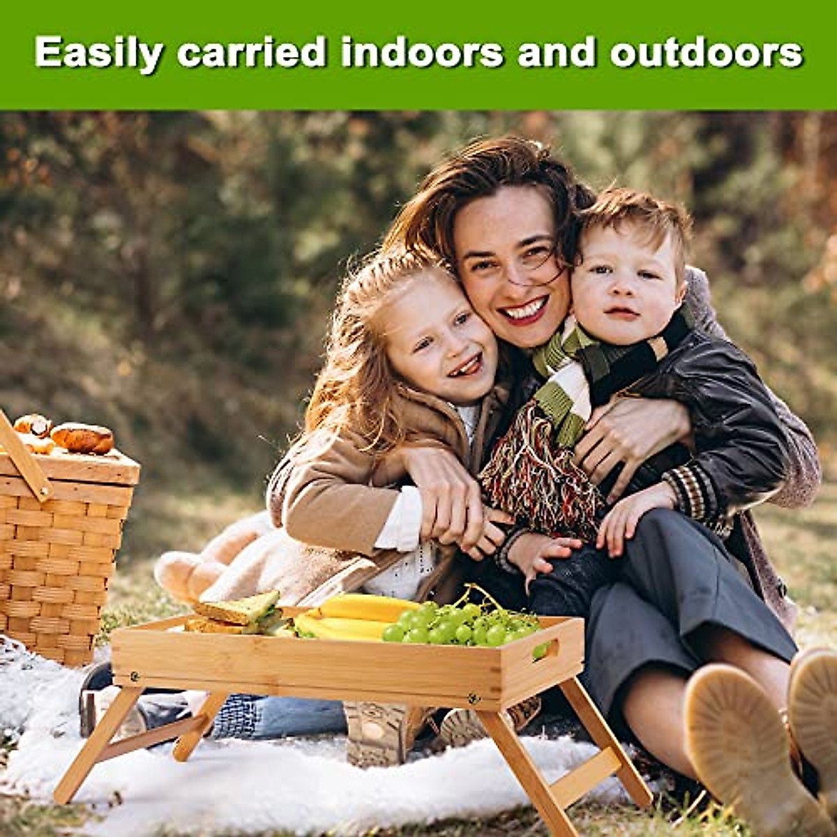 Greenual Bed Tray Table with Folding Legs for Eating Serving Tray with Handles Bamboo Breakfast Food Table Comes with Phone Holder Portable Snack Platter for Bedroom Hospital Picnic