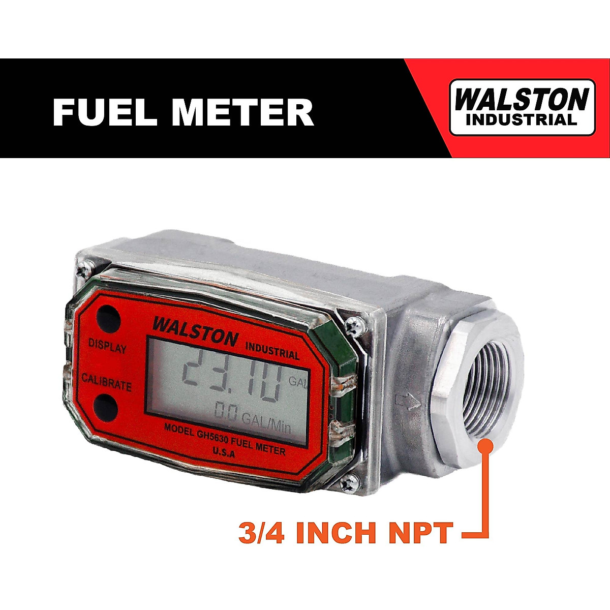 WALSTON INDUSTRIAL GH-5630 Digital Fuel Meter 3/4 Inch, Diesel Fuel Meter, 3-30 GPM, Diesel, Gasoline, Kerosine, Lubricants, 3/4" NPT
