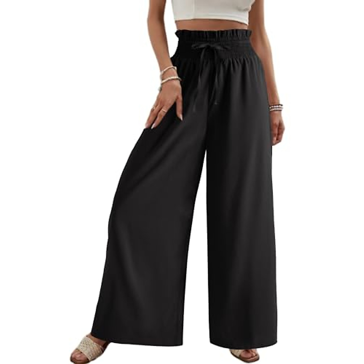 SEMARO Womens Casual Linen High Waist Pants Drawstring Loose Fit Summer Pants Trousers with Side Pockets Z-Black