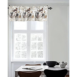 Window Curtain Valances for Kitchen Windows,Fall Flower Texture Ceramic Pumpkin Rod Pocket Short Window Valance Gold Line Leaves on White Treatment Valance for Living Room/Bathroom/Bedroom,42x18in