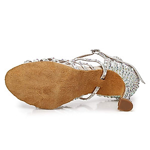 SWDZM Rhinestone Latin Dance Shoes for Women Ballroom Salsa Chacha Professional Performance Practice Dancing Shoes,YCL429-White-7.5,US 7