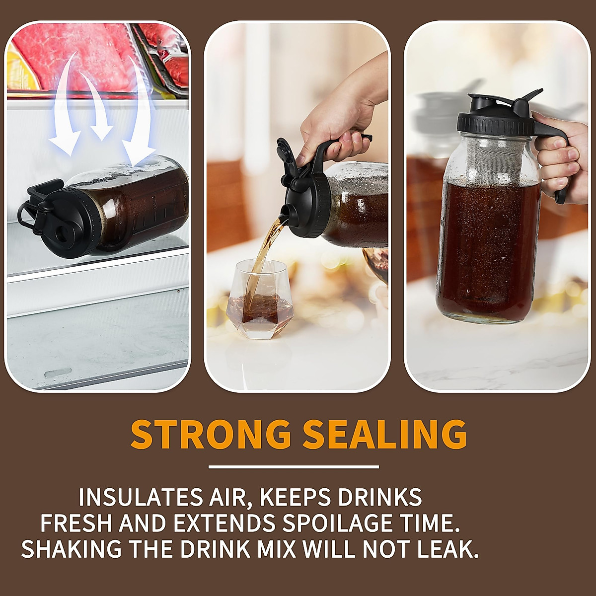 PIZVOXCold Brew Coffee Maker Pitcher, 32 oz Thick Glass Mason Jar Spout Lid with Handle & Stainless Steel Filter for Iced Brew Coffee, Ice Lemonade, Sun Tea, Fruit Drinks Container