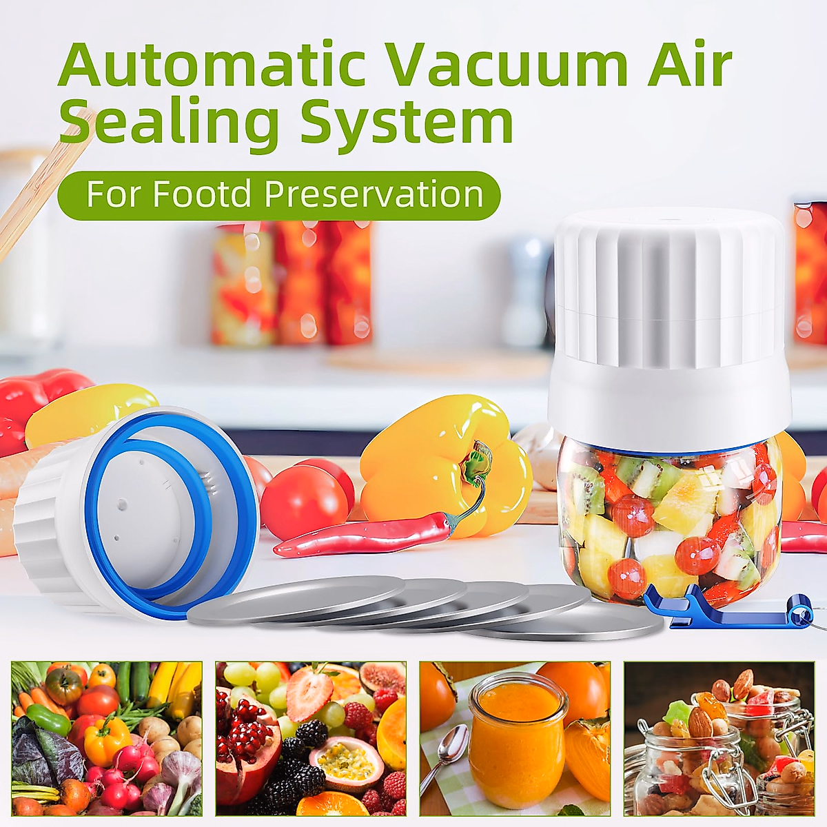 Electric Mason Jar Vacuum Sealer, Vacuum Sealer Kit for Wide Regular Mouth Mason Jars, Canning Jars Vacuum Seal Machine Kit Jars Sealing Machine Attachment for Food Storage