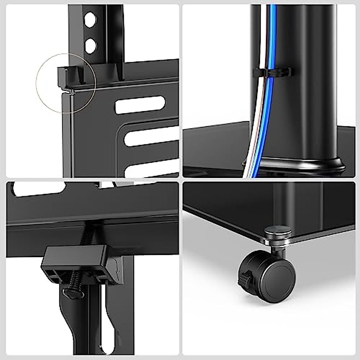 FITUEYES Mobile TV Stand with Wheels for 32-60 65Inch TV Screen, Rolling TV Floor Stand with Mount, TV Cart with Black Tempered Glass Base & Wire Management, Holds 66 lbs