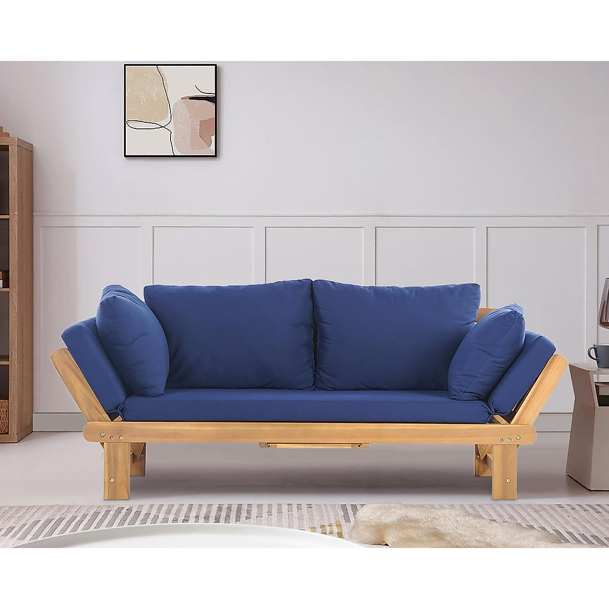 FDW Outdoor Patio Couch Daybed Sofa Loveseat Seating Outdoor Couch Daybed with Adjustable Armrest, Wooden Loveseat with Cushion and Pillow and Expandable Plate