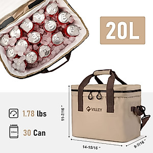VILLEY 20L Insulated Cooler Bag with Padded Top Handle, Removable Shoulder Strap, and Sufficient Capacity for 30 Cans of 12 oz Drinks