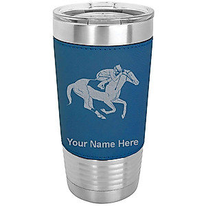 LaserGram 20oz Vacuum Insulated Tumbler Mug, Horse Racing, Personalized Engraving Included (Faux Leather, Blue)