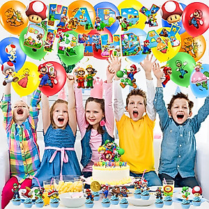 49 PCS Marrio Birthday Party Decorations, Marrio Birthday Decorations for Boys Girls, Cute Marrio Party Supplies for Kids with Birthday Banner, Balloons, Cake Toppers, Hanging swirls
