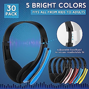 Xuhal 30 Pack Classroom Headphones Bulk, Wired Headsets with Microphone Adjustable Student Headphones with 3.5 mm Plug for School Library Computer Office Conference Chat Boys Girls Mobile Phone