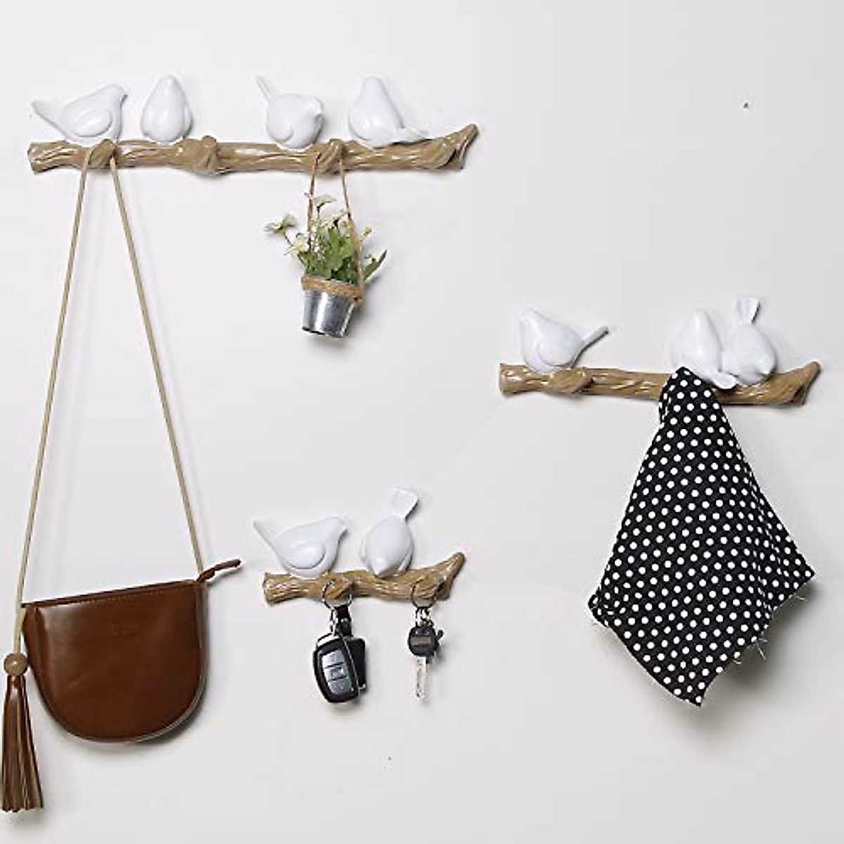 Sweet FanMuLin Resin Decorative Birds On Tree Branch Decor Wall Mounted Coat Rack Art Decor Hanger for Coats/Hats/Keys/Towels/Clothes Storage Hanger (4 Hooks, White)