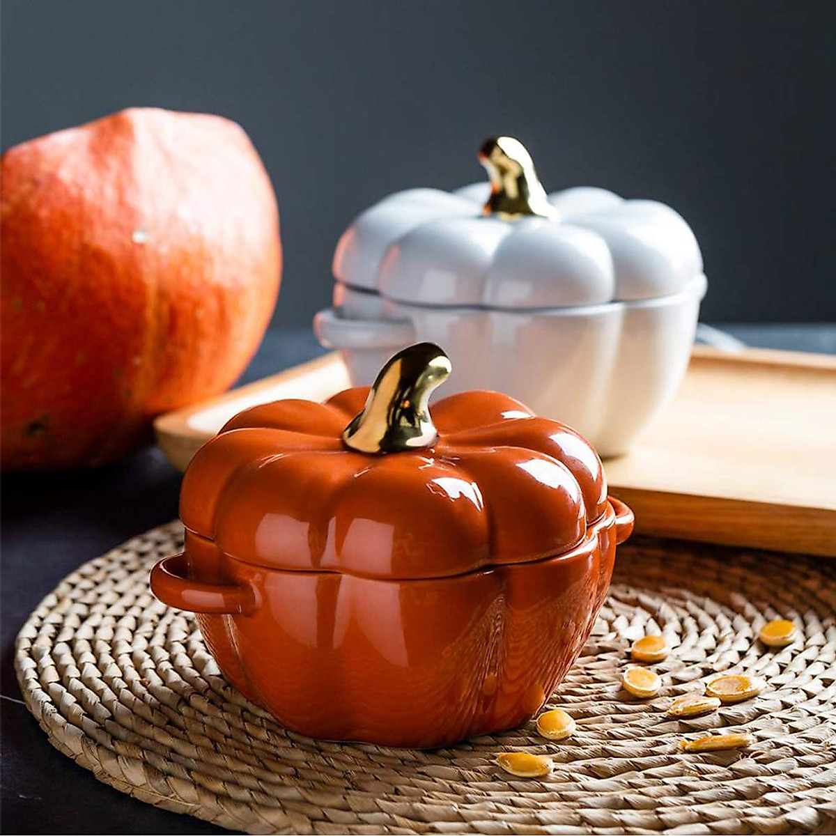 YUMUO Pumpkin Not-Stick Ceramics Dish,Fashion Creative Tableware Dessert Fruit Soup Bowl with Lid,for Cooking & Serving Orange
