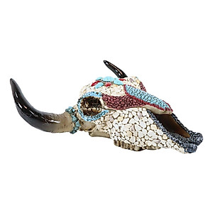 Ebros Gift Western Southwest Steer Bison Buffalo Bull Cow Skull With Mosaic Turquoise and Red Aztec Sun Teardrop Gems Decorative Jewelry Trinket Box Figurine Accent Macabre Ossuary Accent