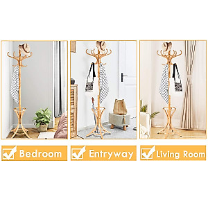 Tangkula 75.5" Standing Coat Rack, Wood Coat Tree with 12 Hooks, Home Hat Jacket Hanger Tree 12 with Umbrella Holder Coat Stand (Oak)