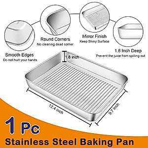 12.4 Inch Deep Rectangular Cake Pan, P&P CHEF Stainless Steel Baking Pan Lasagna Pan for Toaster Oven, Perfect to Bake Cookie Cake Meat, Corrugated Bottom & Heavy Duty, Non-Toxic & Dishwasher Safe
